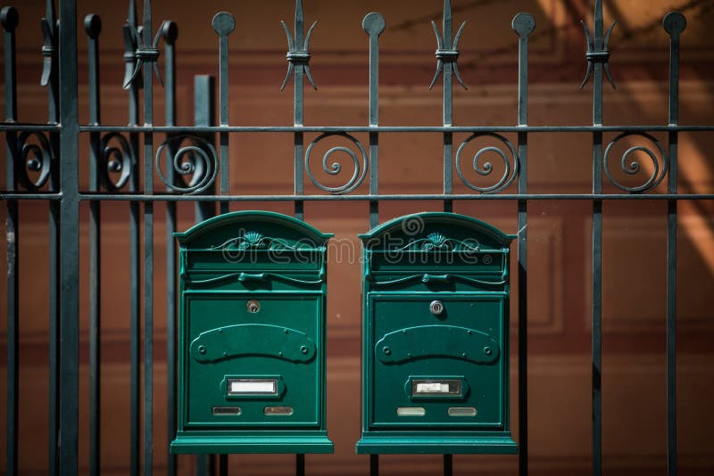 Two Vintage Green Mail Boxes Stock Photo - Image of delivery, green ...