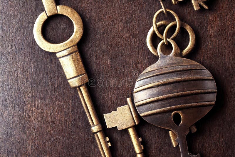 Two Vintage Keys with Heads in Shape of Ring and Circle on Brown ...