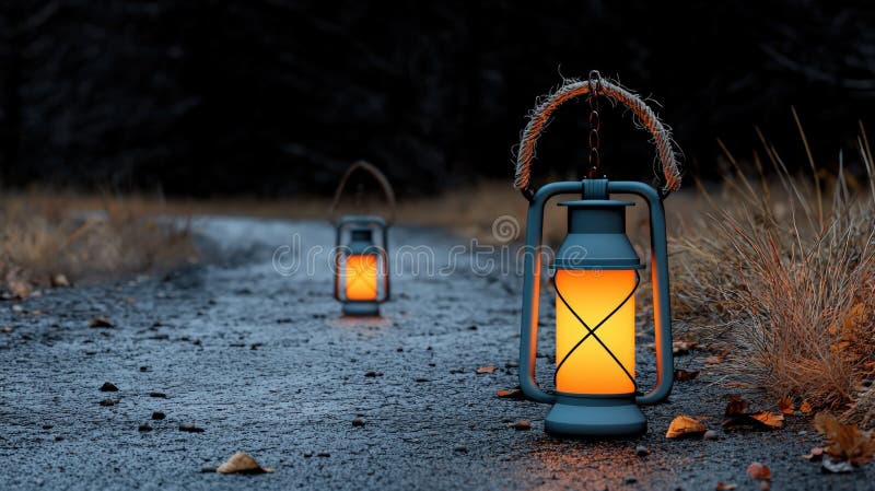 Two Vintage Lanterns Glowing Softly on a Dark Winding Path Stock ...
