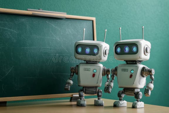 Two Vintage Robots Stand in Front of a Chalkboard Symbolizing the ...