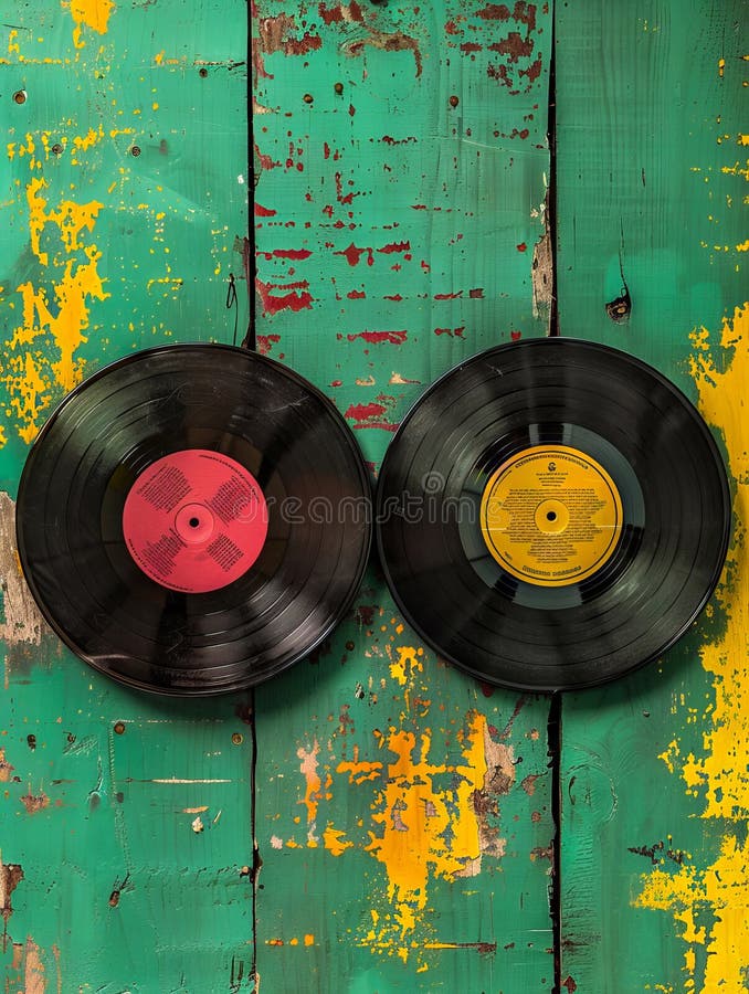 Two Vinyl Records on a Wooden Wall Stock Image - Image of vinyl, green ...