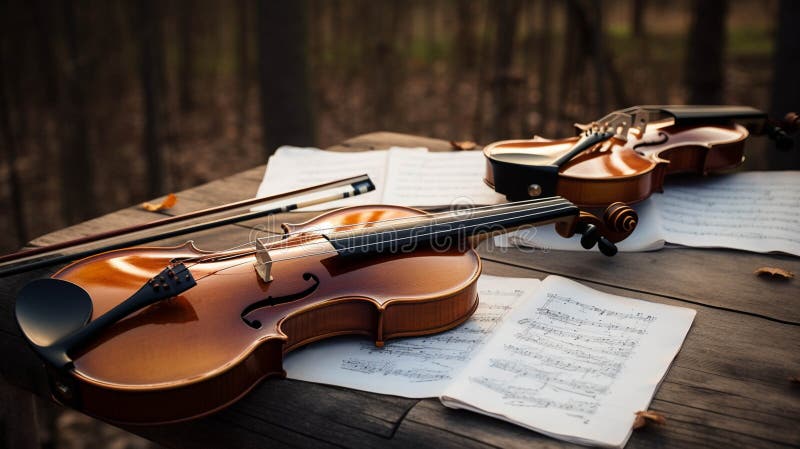 Two Violins are on a Table with Sheet Music Stock Image - Image of ...