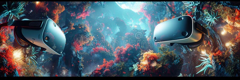 Two Virtual Reality Headsets Float Amidst a Stunning Underwater Digital ...