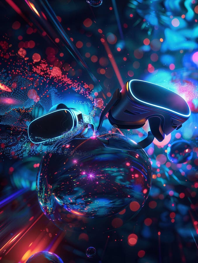Two VR Headsets and AR Glasses Float within a Vibrant Digital Landscape ...