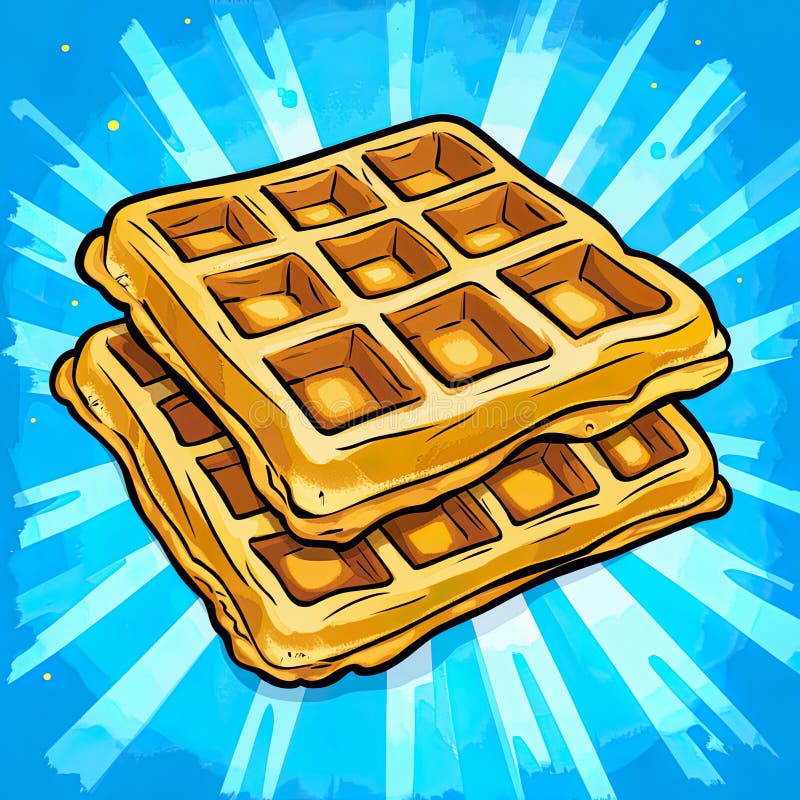 Two Waffles Stacked on Blue Background, Bursting with Energy, Comic Style Illustration Stock ...