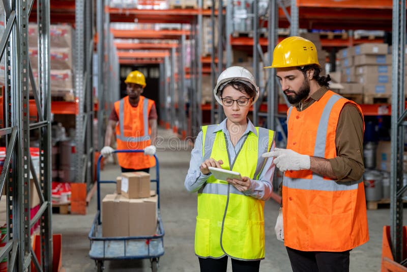Two Warehouse Employees Discussing Working Points Stock Image - Image ...