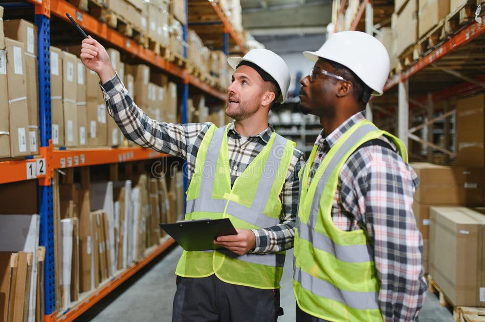 Two Warehouse Workers Checking and Controlling Boxes in Warehouse ...