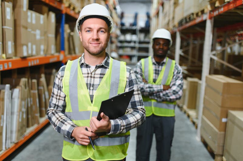 Two Warehouse Workers Checking and Controlling Boxes in Warehouse ...