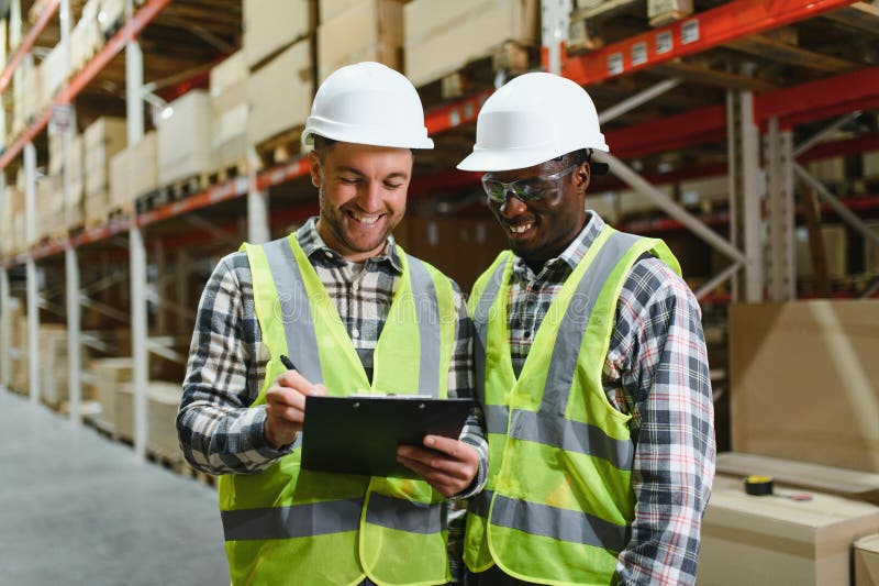 Two Warehouse Workers Checking and Controlling Boxes in Warehouse ...
