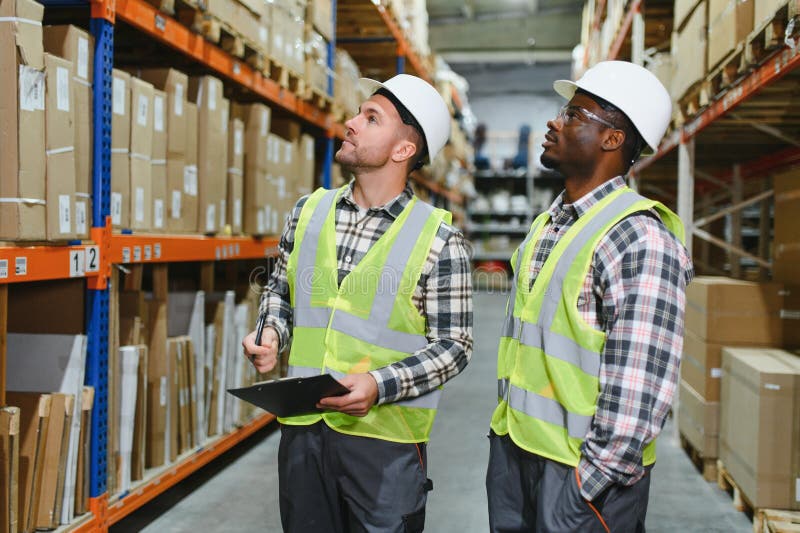 Two Warehouse Workers Checking and Controlling Boxes in Warehouse ...