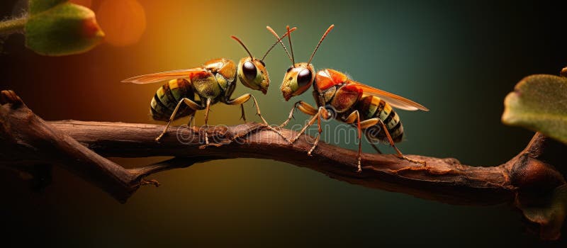 Two Wasps Resting on a Tree Branch, Typical Scene in Nature Stock Photo ...