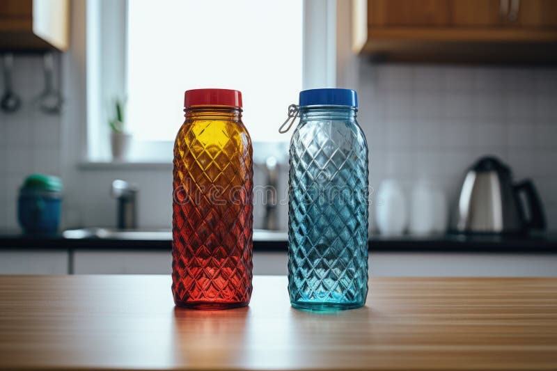 Two Water Bottles Sitting Close Together on a Worktop Stock Photo ...