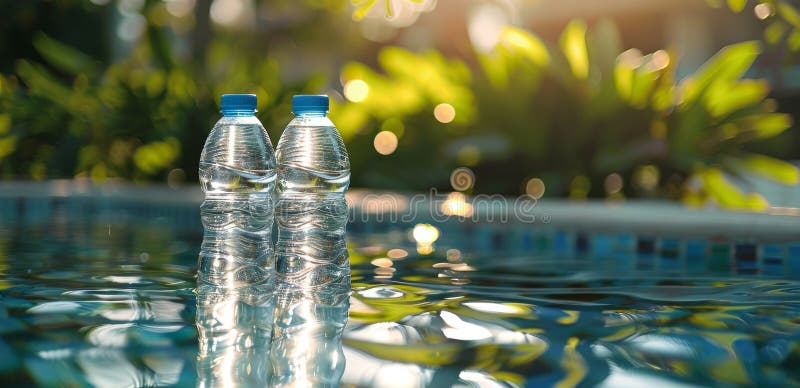 Two Water Bottles Standing by a Swimming Pool on a Sunny Day Stock ...