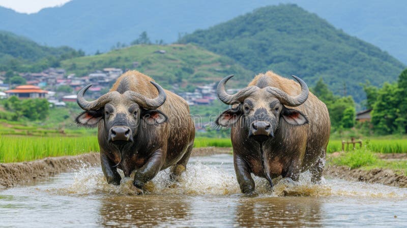 Two Water Buffalo Running through a Paddy Field Stock Illustration ...