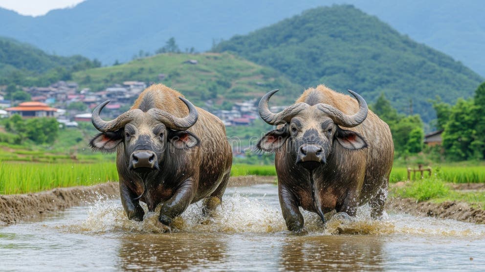 Two Water Buffalo Running through a Paddy Field Stock Illustration ...