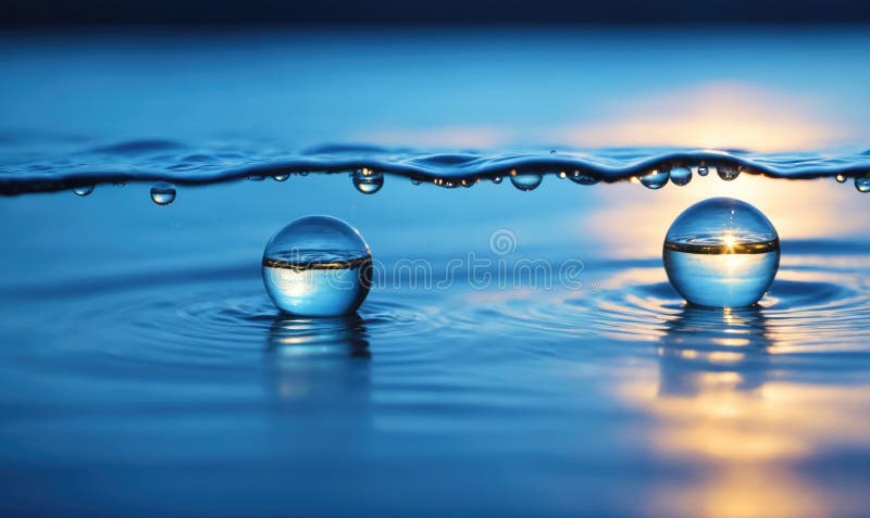 Two Water Drops Rest on a Blue Surface, Creating Ripples and Reflecting ...