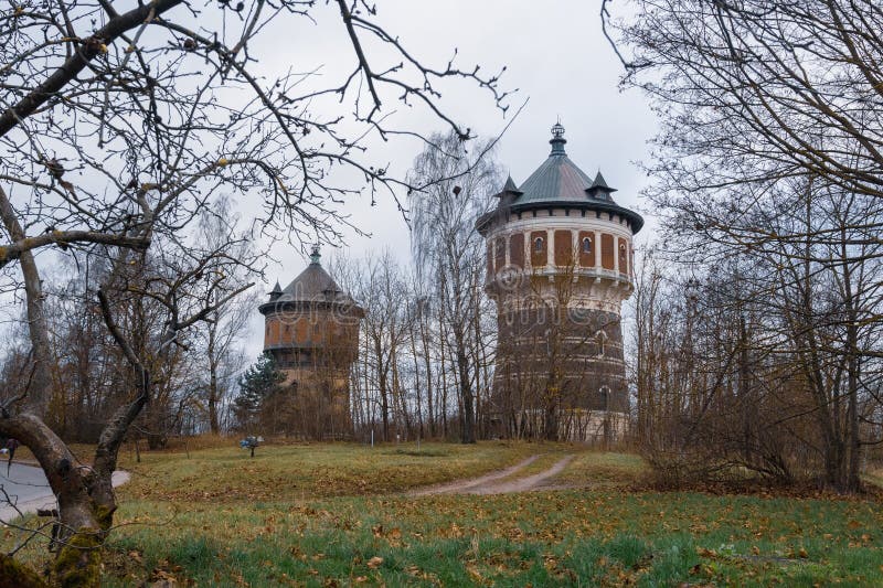 Two Water Towers on a Winter Evening in Latvia Stock Photo - Image of ...
