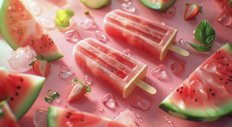 Two Watermelon Popsicles on Ice with Slices of Watermelon Stock Image ...