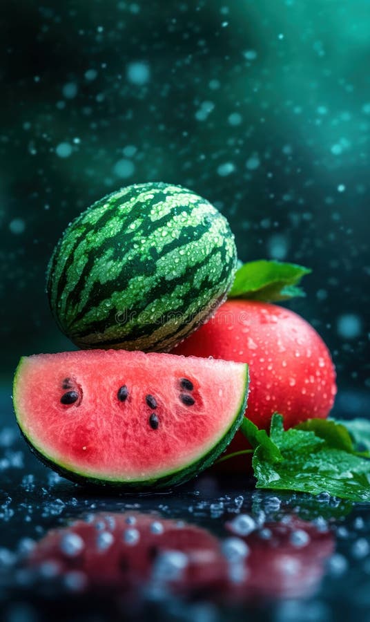 Two Watermelons and One Apple are Displayed on a Table. Stock Image ...