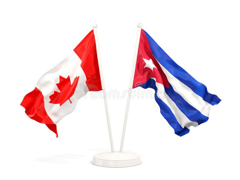 Two waving flags of Canada and cuba isolated on white, Two waving flags ...