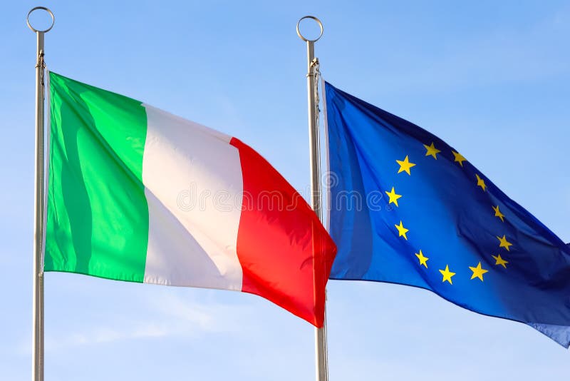 Two Waving Flags of ITALY and EUROPEAN UNION Stock Photo - Image of ...