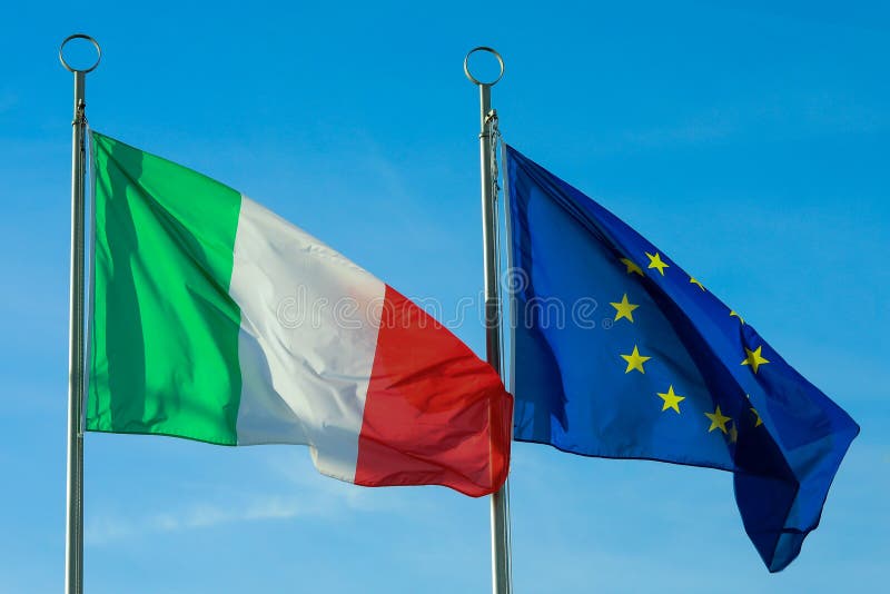 Two Waving Flags of ITALY and EUROPEAN UNION Stock Photo - Image of ...