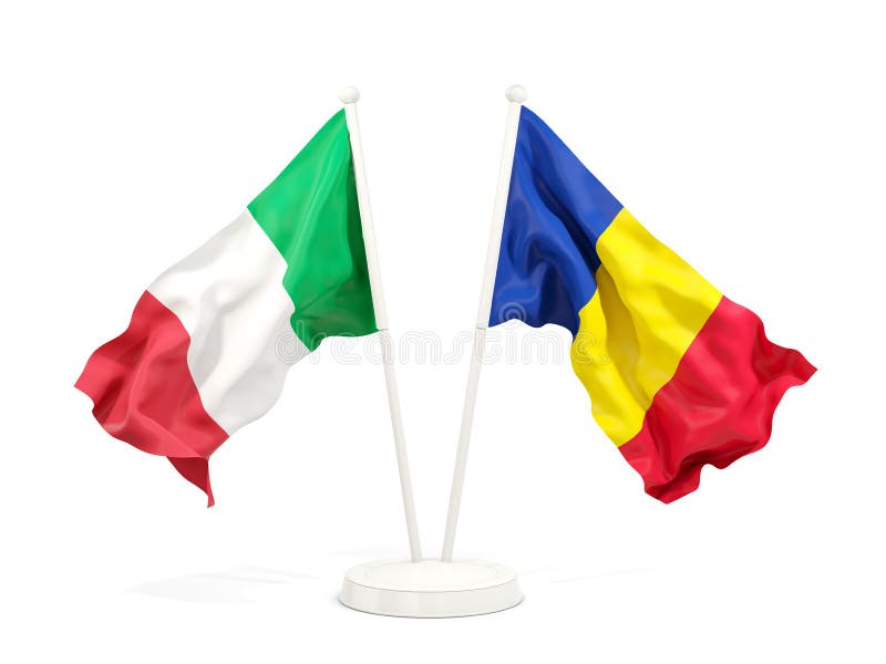 Two Waving Flags of Italy and Romania Isolated on White Stock ...