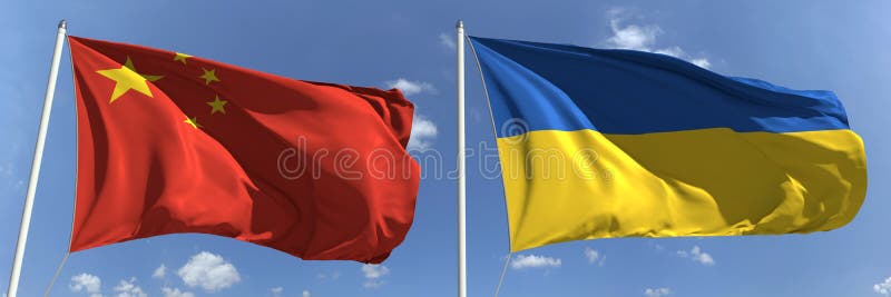 Waving Flags of China and Ukraine on Flagpoles, 3d Rendering Stock ...