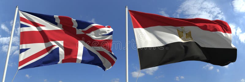 Flying Flags of Great Britain and Egypt on Sky Background, 3d Rendering ...