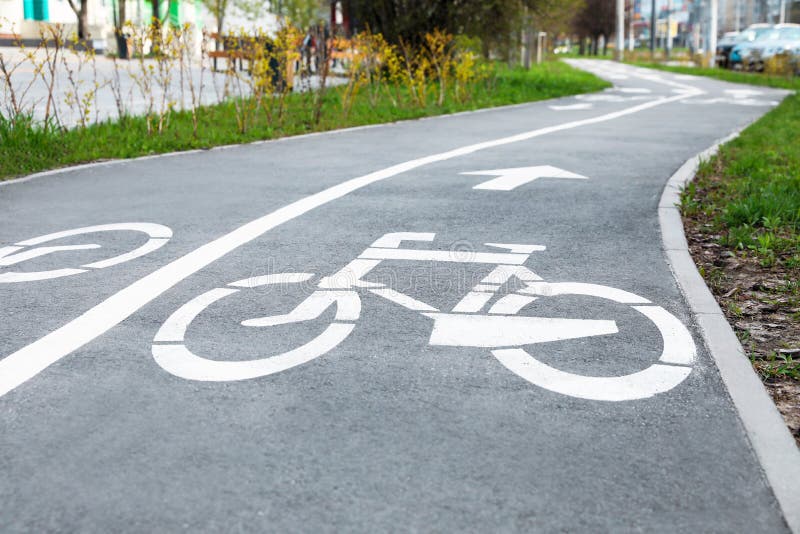 Two Way Bicycle Lane with White Markings on Asphalt in City Stock Photo ...