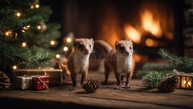 Adorable Stoat Twins by the Fireplace on Christmas Eve Stock ...