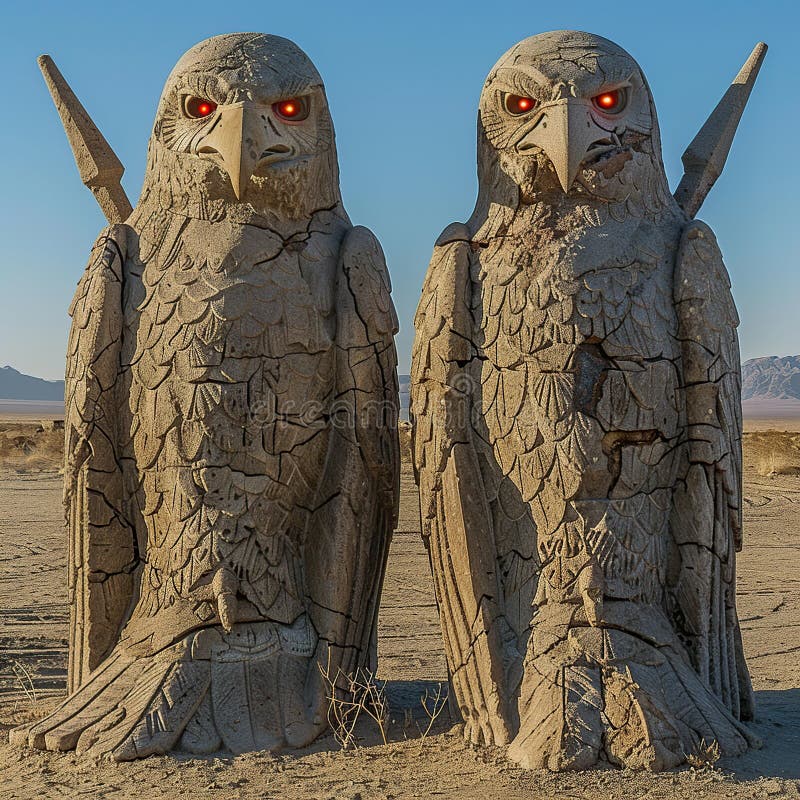 Two Weathered Eagle Statues with Red Eyes Stand in a Desert Stock ...