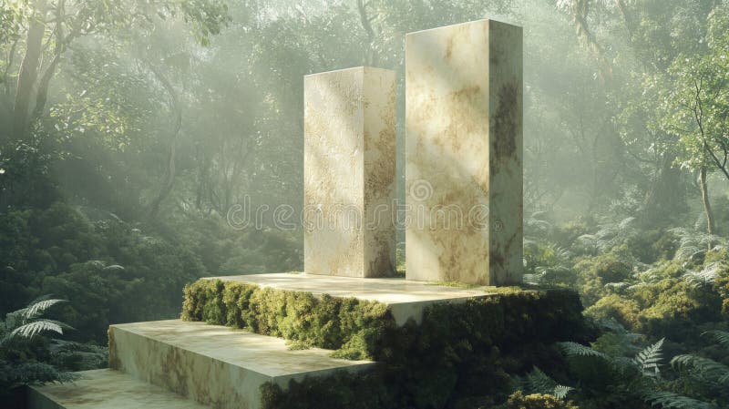 Two Weathered Stone Pillars in a Misty Forest Stock Illustration ...