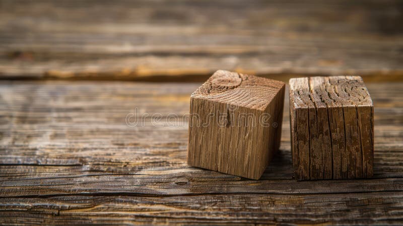 Two Weathered Wooden Blocks on a Rustic Plank Surface Stock ...