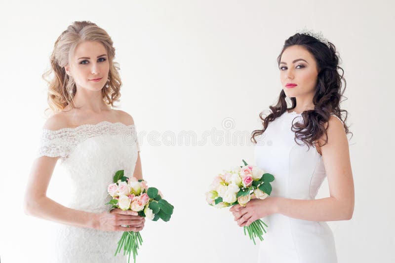 Two Wedding Bride with Bouquet Wedding Stock Image - Image of happiness ...