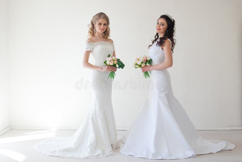 Two Wedding Bride with Bouquet Wedding Stock Photo - Image of ceremony ...