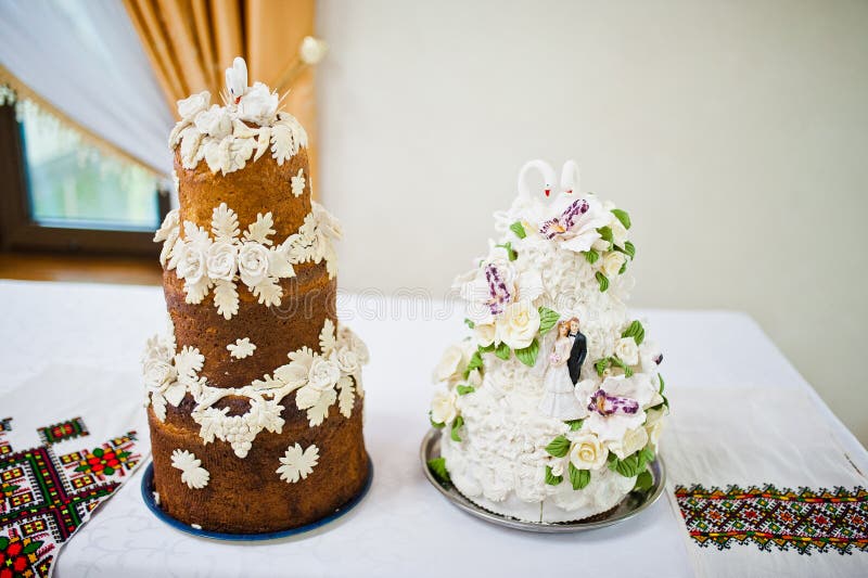 Two Wedding Cakes and Loaf at Wedding Stock Photo - Image of bride ...