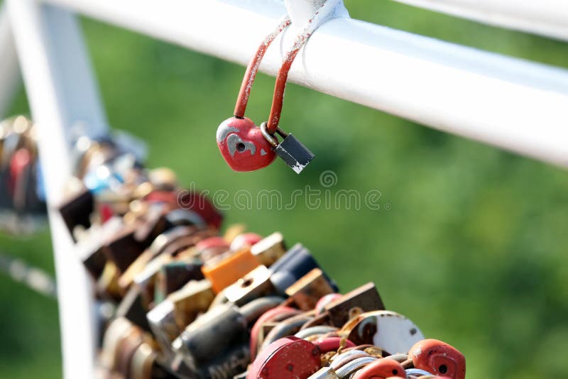 Two Wedding Lock Compared To Other Locks Hanging Stock Photo - Image of ...