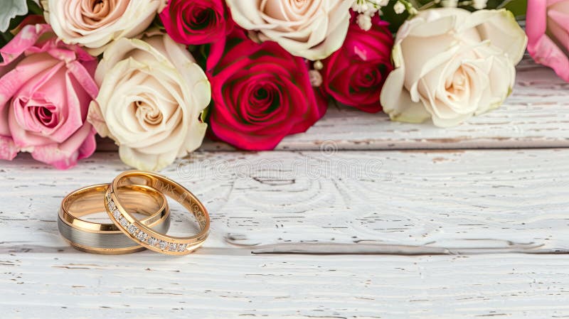 Two Wedding Rings are Beautifully Displayed Alongside Delicate Roses ...