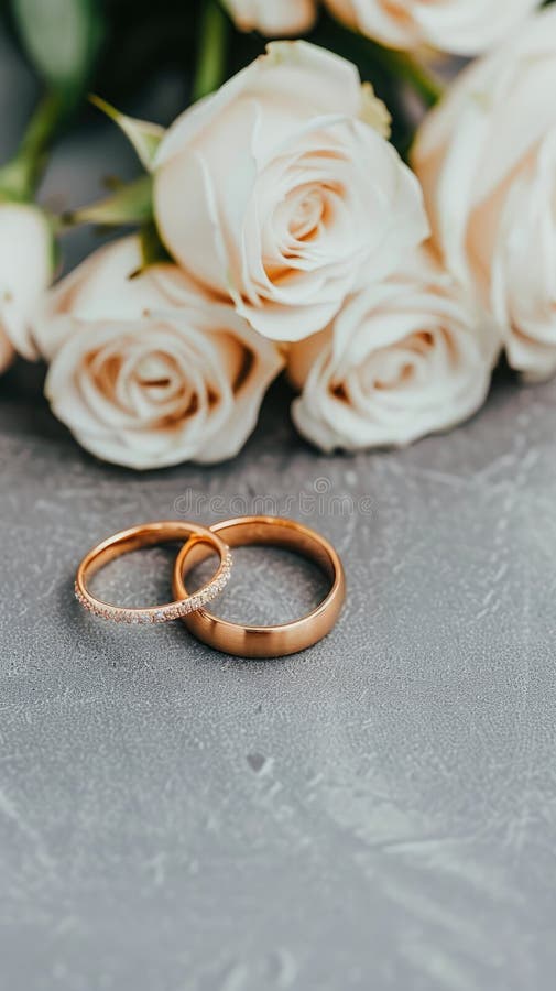 Two Wedding Rings are Beautifully Displayed Alongside Delicate Roses ...