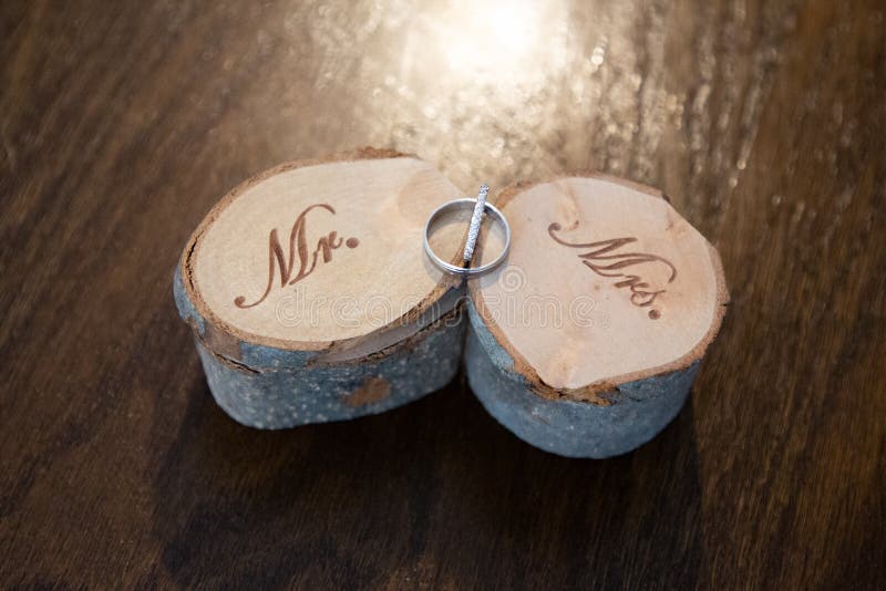 Two Wedding Rings on Natural Tree Branch Wooden Boxes Mr Mrs Text on ...
