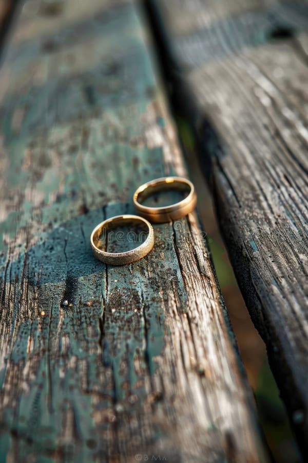 Two Wedding Rings Placed on a Rustic Wooden Bench. Suitable for Wedding ...
