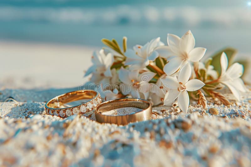 Two Wedding Rings Placed on a Sandy Beach with Flowers. Ideal for ...