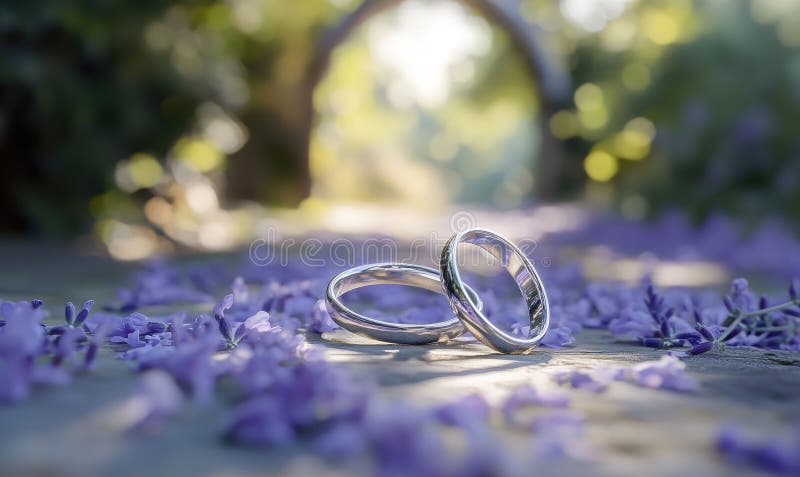 Two Wedding Rings are on a Purple Flower Bed Stock Image - Image of ...
