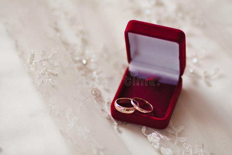 Two Wedding Rings in a Red Box on a Dress Stock Photo - Image of marry ...
