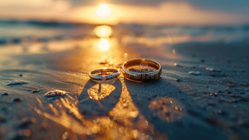 Two Wedding Rings on Sandy Beach at Sunset, Ideal for Wedding or Love ...