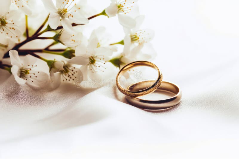 Two Wedding Rings Sitting on Top of White Flowered Branch. Generative ...