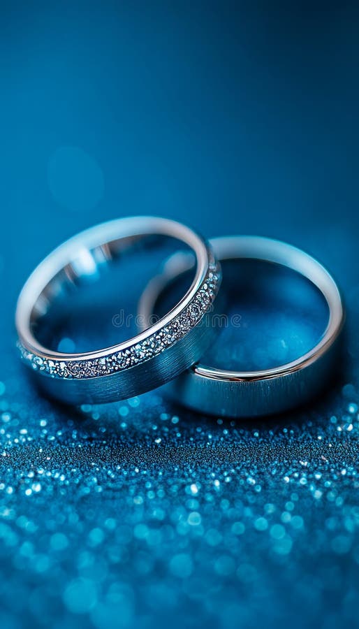 Two Wedding Rings on Sparkling Blue Background, Symbol of Love and ...