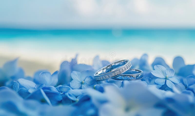 Two Wedding Rings are on Top of a Bed of Blue Flowers Stock Image ...