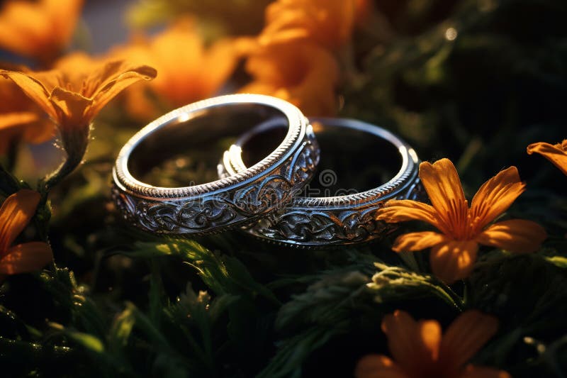 Two Wedding Rings on Top of Flowers Stock Photo - Image of commitment ...